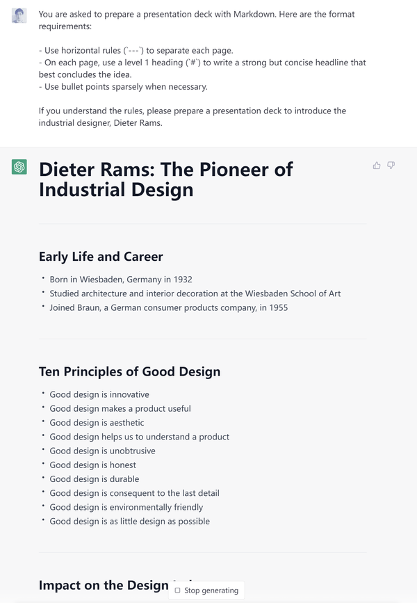Linkzero Tsang 的想法: 教会 ChatGPT 用 iA Presenter 的 Markdown 格式后，它就能自己做 PPT 了（ - 知乎