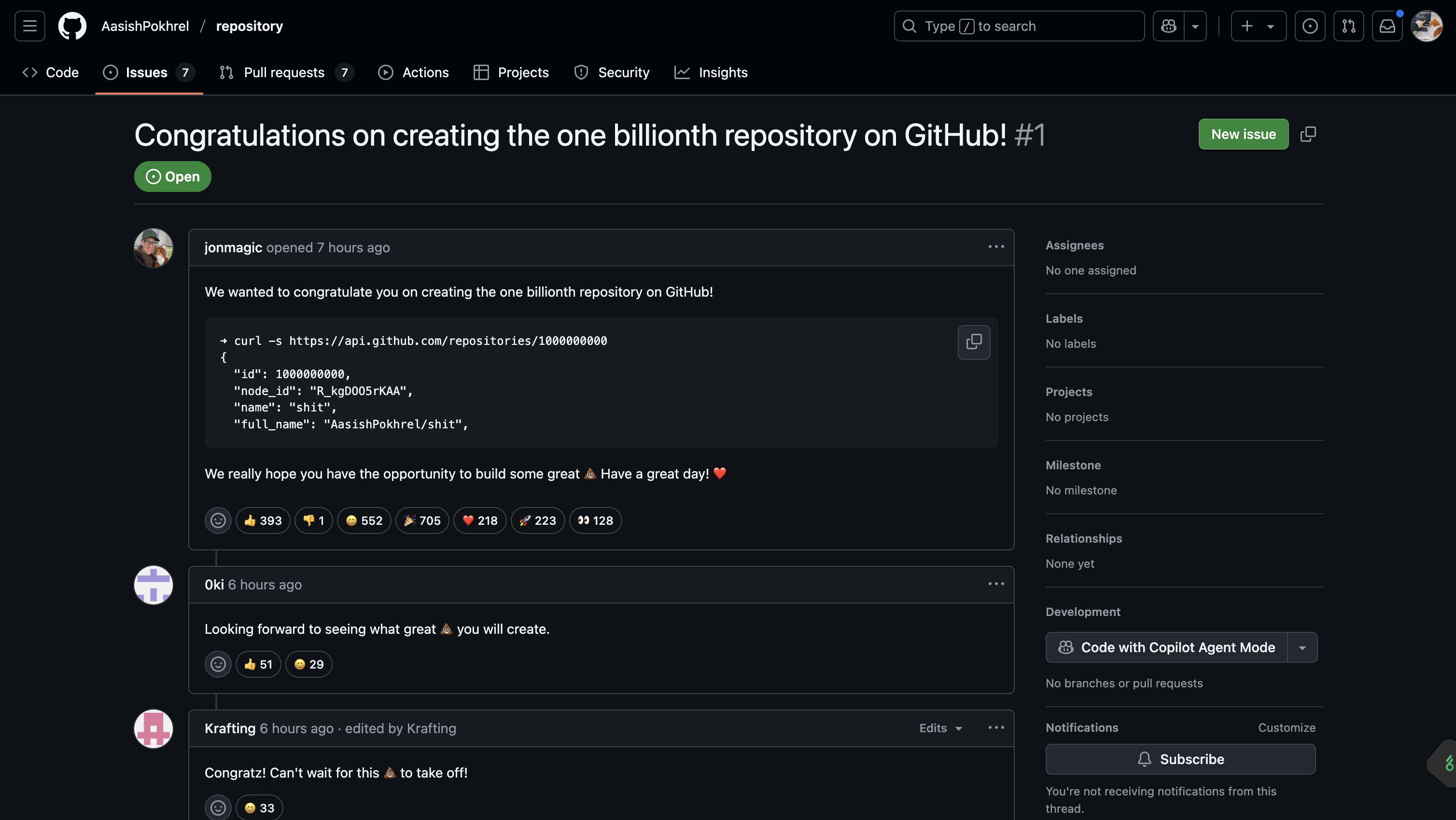 桔了个仔 的想法: 刚刚，一个名叫shit的项目，成为了github第10亿个repo | 甚至官方还发了祝贺，绝了。可惜刚才我再去围观… - 知乎
