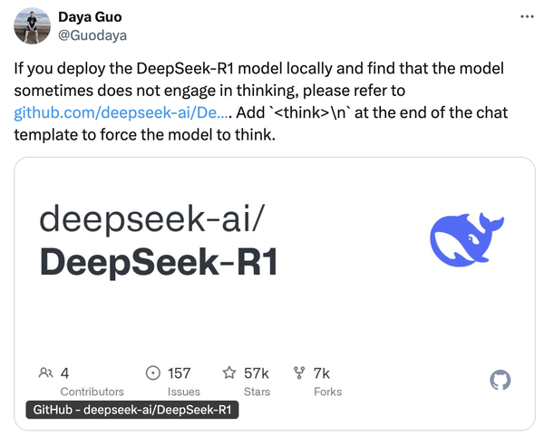 平凡 的想法: DeepSeek本地部署和使用技巧 | 来自DeepSeek的研究员Daya Guo分享了一个本地部署DeepSeek的建议 ...