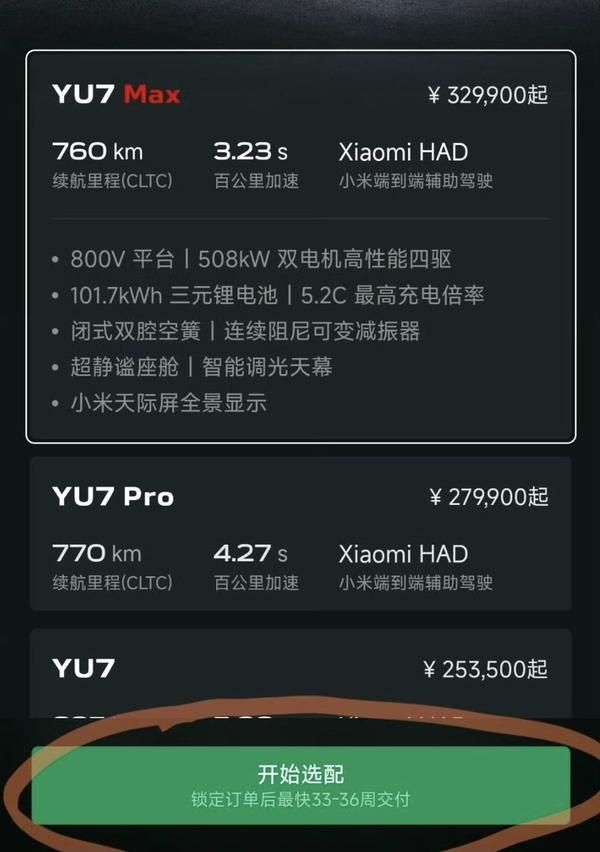 科技商说 的想法: 现在锁单小米YU7后最快的交付时间Max版：33-36周，大概8个月时间Pro版：48-51周，大概一年时间YU7版：53-56周，大概一年多1个月时间不过这个时间只是预估 ...