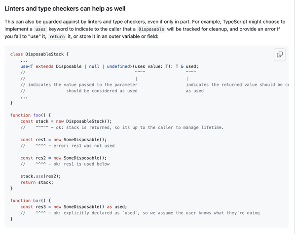 贺师俊 的想法: Ron Buckton 老哥描述 TS 未来可能为 JS 显式资源管理加的特性（Ron 是该提案的 champion，目前 ...