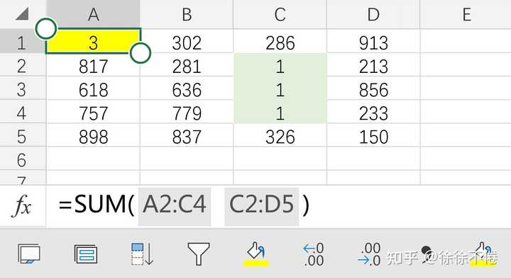 在excel中公式SUM（A2：C4C2：D5）一共对几个单元格进行求和？ - 知乎