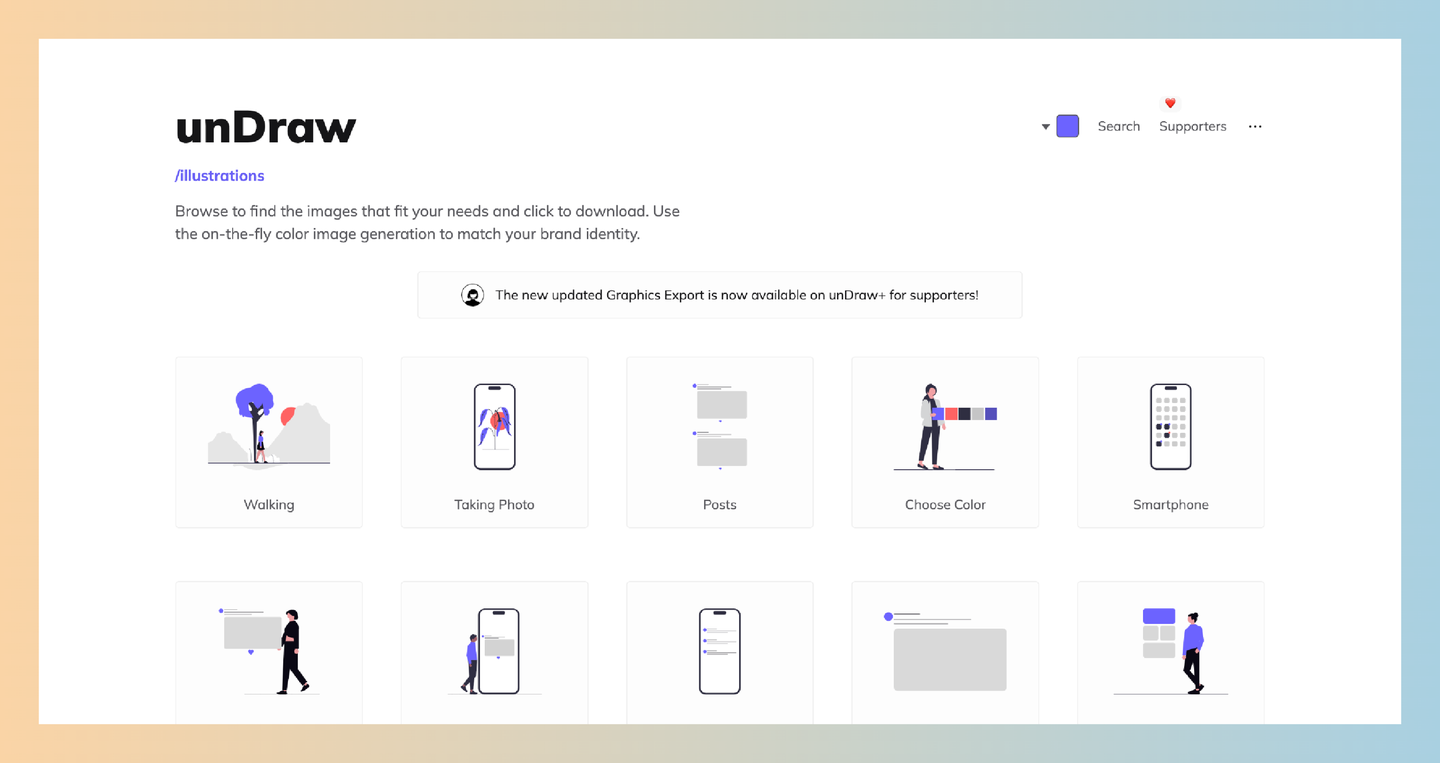unDraw：专注于原创插画的在线图库，提供大量免费的矢量插画，可以一键改变插画的主色调