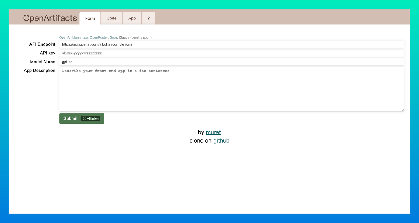 OpenArtifacts：创新的网页端代码执行工具，支持OpenAI、Llama.cpp、OpenRouter、Groq 等语言模型