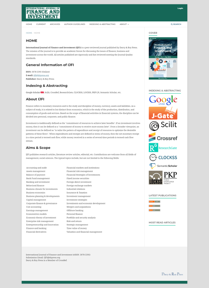 英文普刊 International Journal of Finance and Investment (IJFI) ISSN: 3078 ...