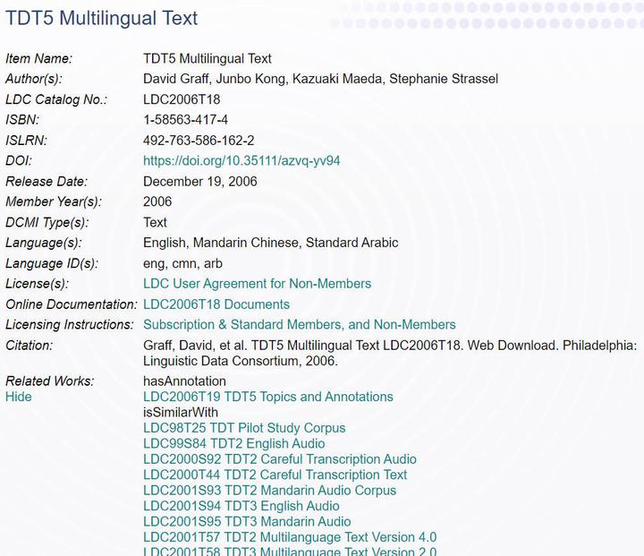 TDT5 Multilingual Text数据集介绍，官网编号LDC2006T18 - 知乎