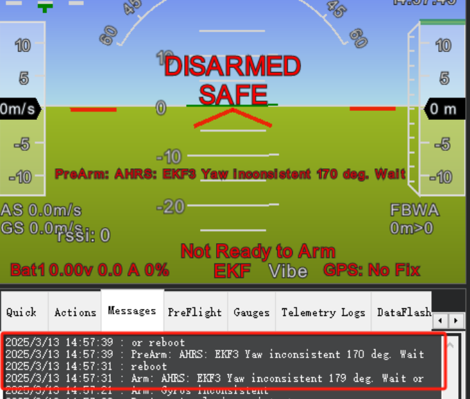 Pix6刷了ArduPilot固定翼固件，在所有校准完成后无法正常解锁，地面站提示PreArm: AHRS:EKF3 Yaw inconsistent xx deg. Wait or ...