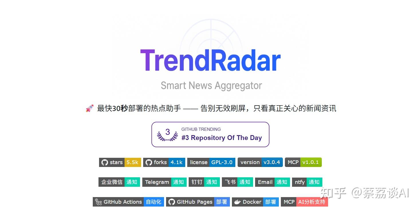 开源神器TrendRadar：自媒体人的"热点雷达"，30秒部署，轻松捕捉全网爆款 - 知乎