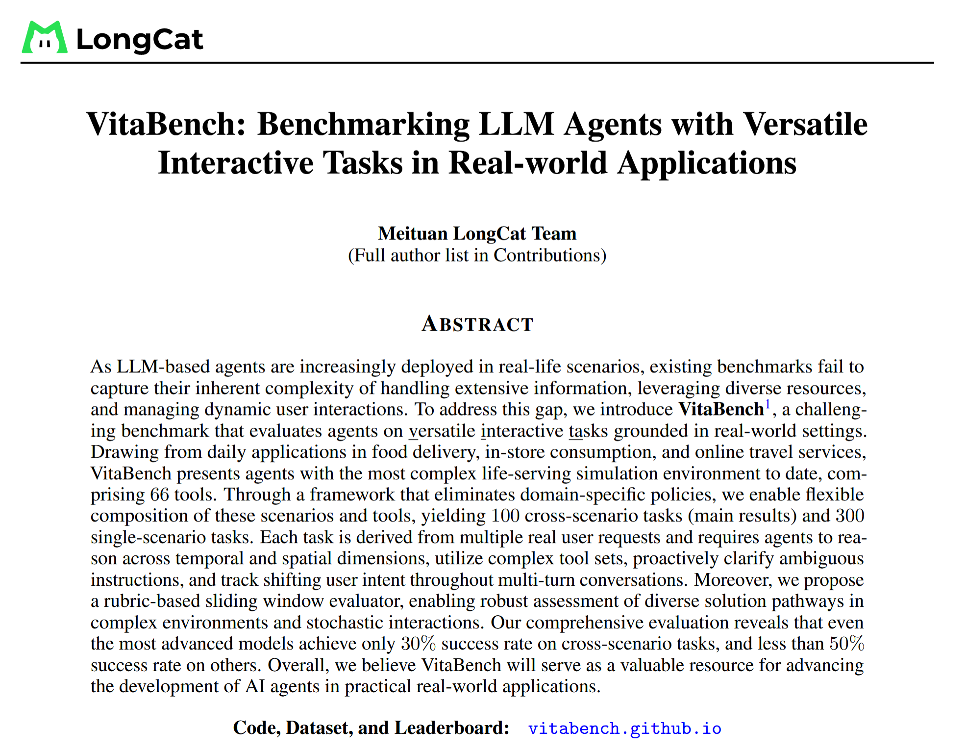 美团 LongCat 团队发布 VitaBench：基于复杂生活场景的交互式 Agent 评测基准 - 知乎