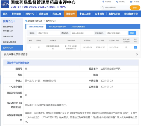 2025年7月25日国家药监局拟将德曲妥珠单抗(Enhertu、DS8201、优赫得、T-DXd、Trastuzumab deruxtecan ...