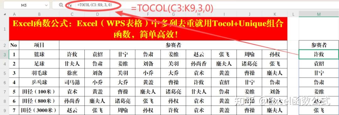Excel（WPS表格）中多列去重就用Tocol+Unique组合函数，简单高效！ - 知乎