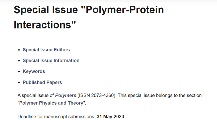 Polymers 学术特刊征稿啦。Polymers (ISSN 2073-4360). "Polymer Physics and Theory". - 知乎