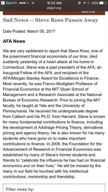 经济学家斯蒂芬 · 罗斯 (Stephen Ross) 有哪些学术成就？ - 知乎