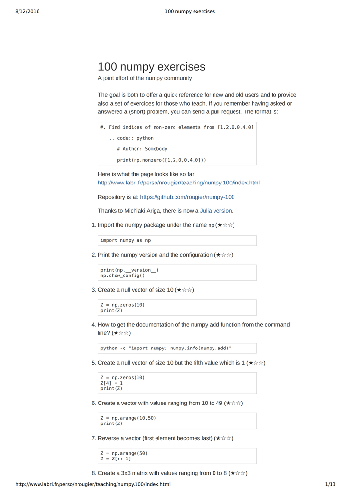 【OfferRealize】100 numpy exercises - 知乎