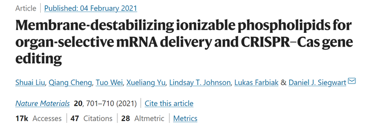Nat. Mater. | Membrane-destabilizing ionizable phospholipids for organ-selective mRNA delivery ...