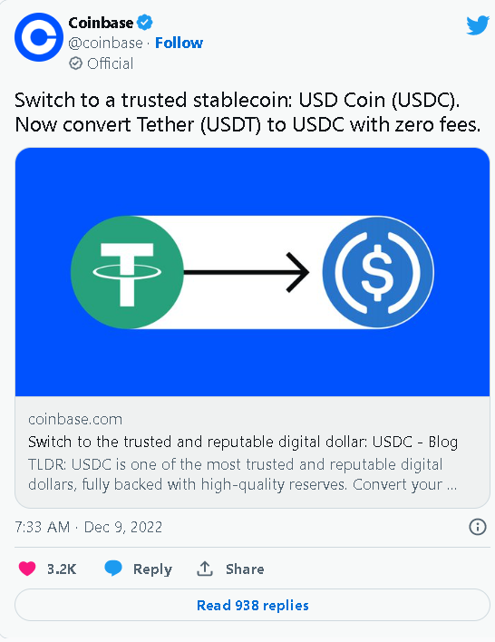 Coinbase 孤注一掷，要求用户免费将他们的 USDT 转换为 USDC？ - 知乎