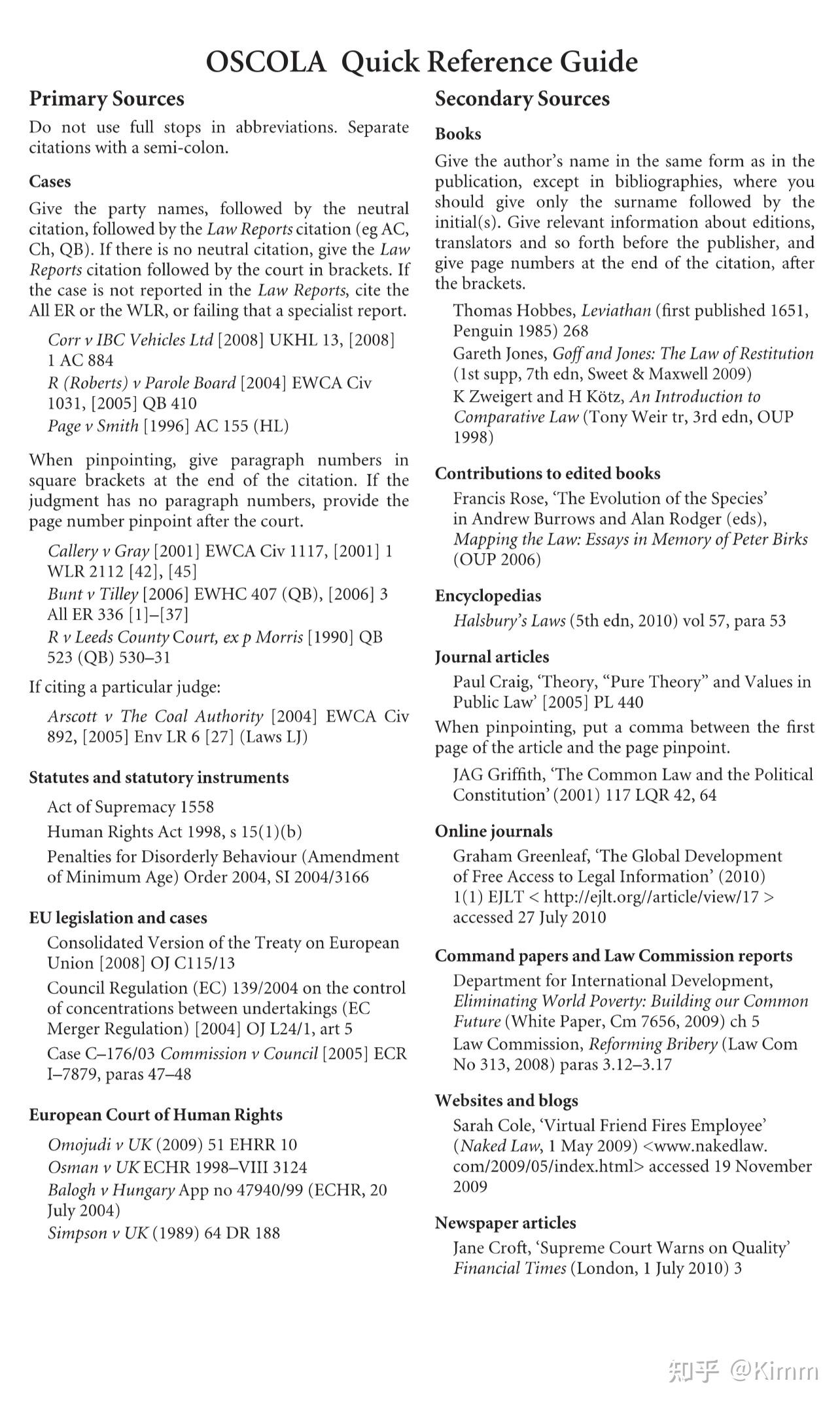 oscola该怎么写？能教我一下格式吗？比如引用案件和引用法官说的话咋写？ - 知乎