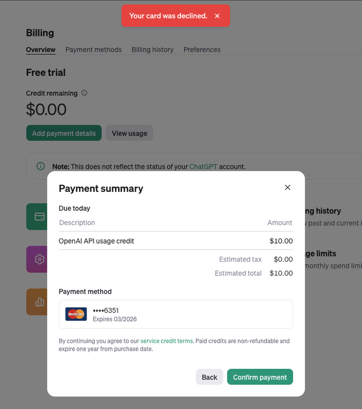 使用OpenAI API绑卡遇到Declined如何处理 - 知乎