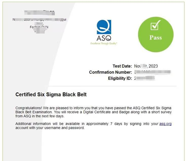 2023年11月通过ASQ CSSBB六西格玛黑带考试认证！ - 知乎