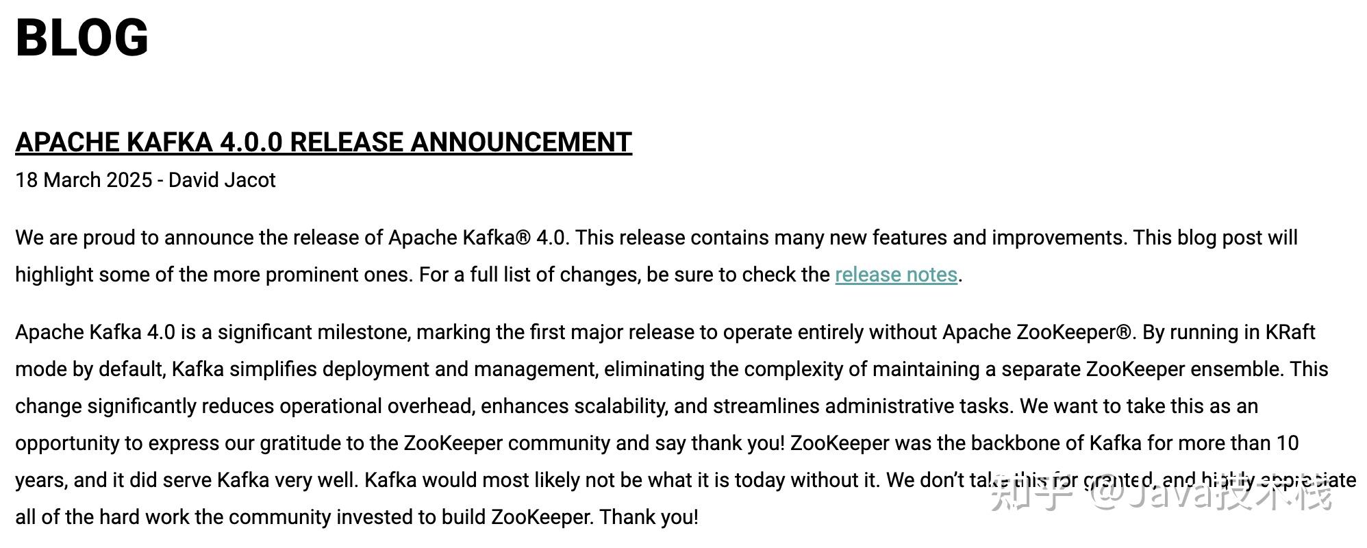 Kafka 4.0 重磅发布，Java 8 和 Zookeeper 彻底被抛弃了，一个时代结束了！ - 知乎