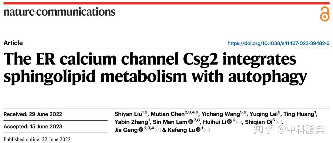 Nat Commun: 酵母脂质组学分析产品助力揭示内质网钙通道Csg2调节自噬的相关机制 - 知乎