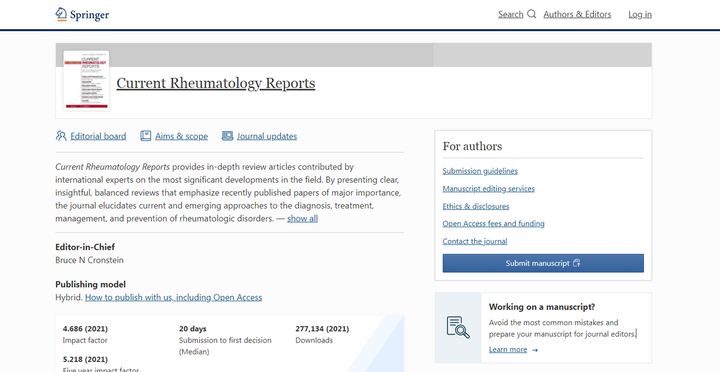 Current Rheumatology Reports：综述期刊，接收快，无版面费 - 知乎