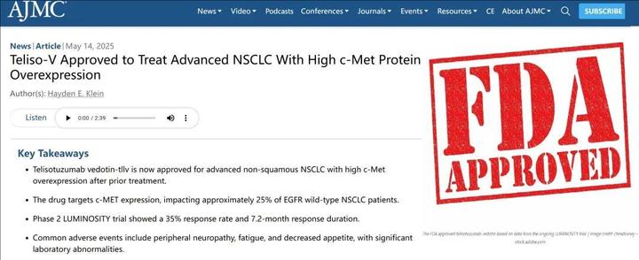 2025年5月14日FDA加速批准c-Met靶向药Telisotuzumab vedotin(Teliso-V、ABBV-399)用于非小细胞 ...