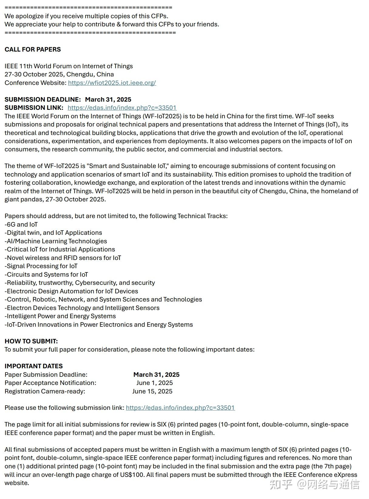 【论文征稿】IEEE 11th World Forum on Internet of Things (WF-IOT 2025) - 知乎