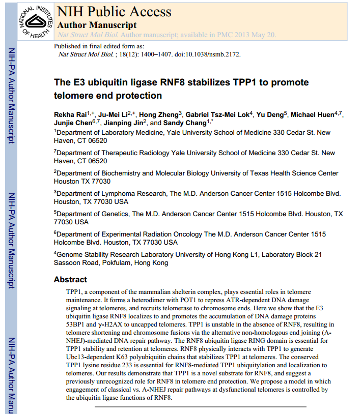 【文献翻译】E3泛素连接酶RNF8稳定TPP1促进端粒末端保护 - 知乎