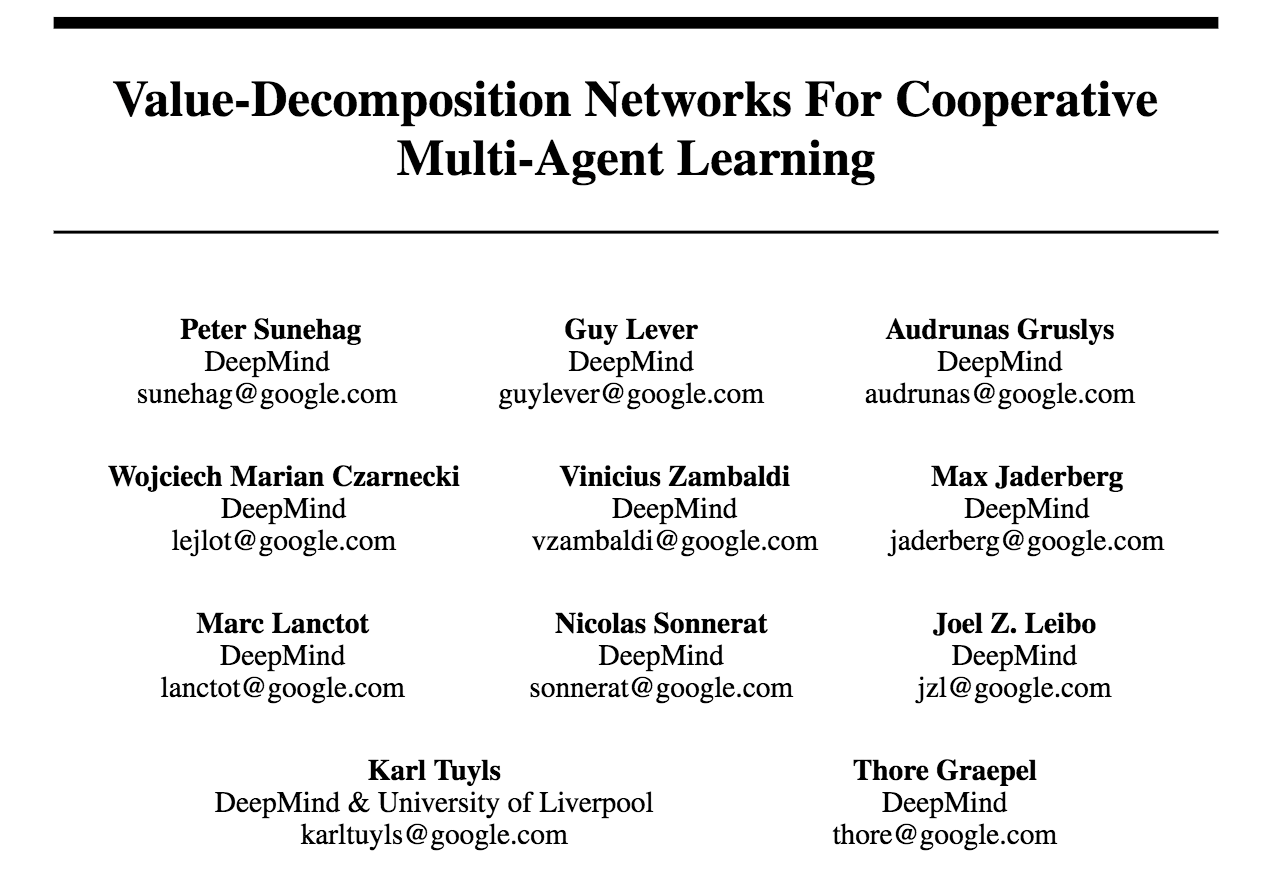 VDN算法解析: Value-Decomposition Networks For Cooperative Multi-Agent Learning - 知乎
