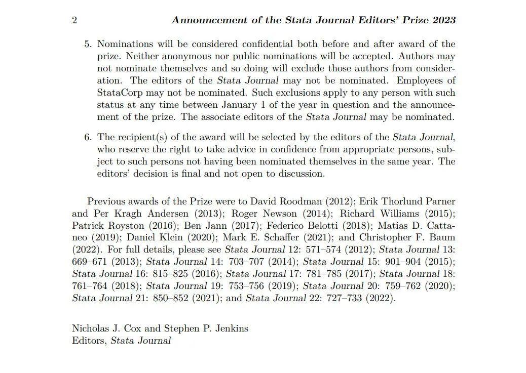 【Stata专栏】2023 Stata Journal 编辑奖提名开始啦！ - 知乎
