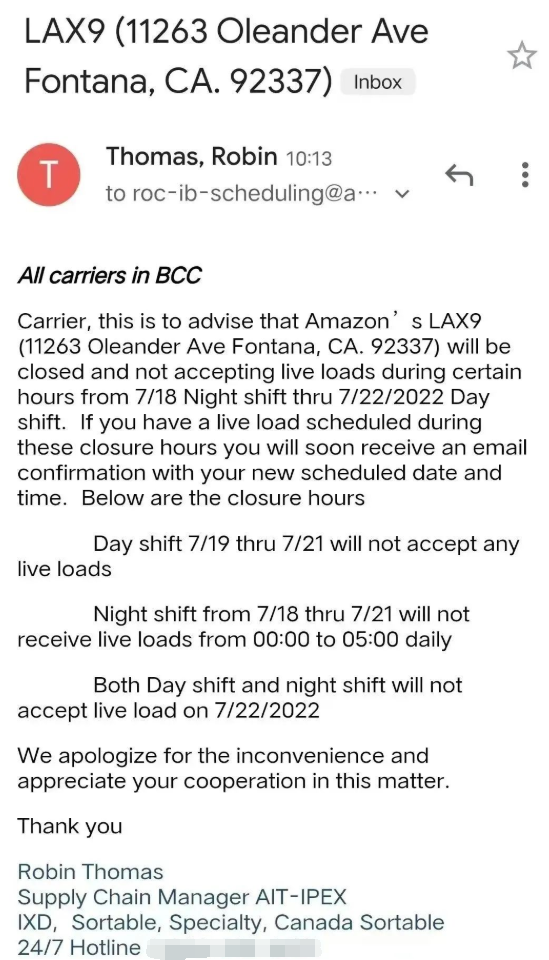 LAX9仓库当地时间7-18至7-22日将关闭不接受预约（Amazon） - 知乎