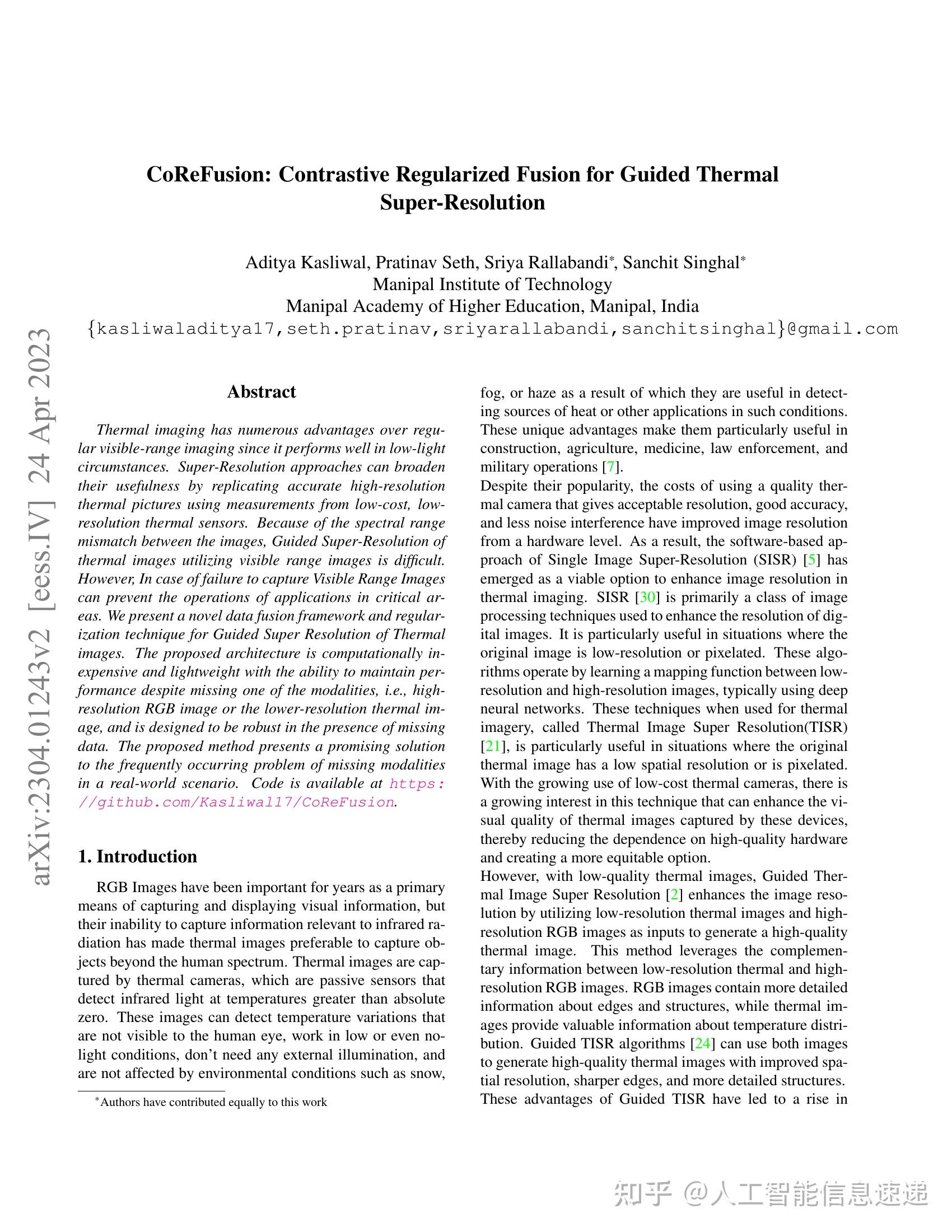 CoReFusion: Contrastive Regularized Fusion for Guided Thermal Super-Resolution - 知乎