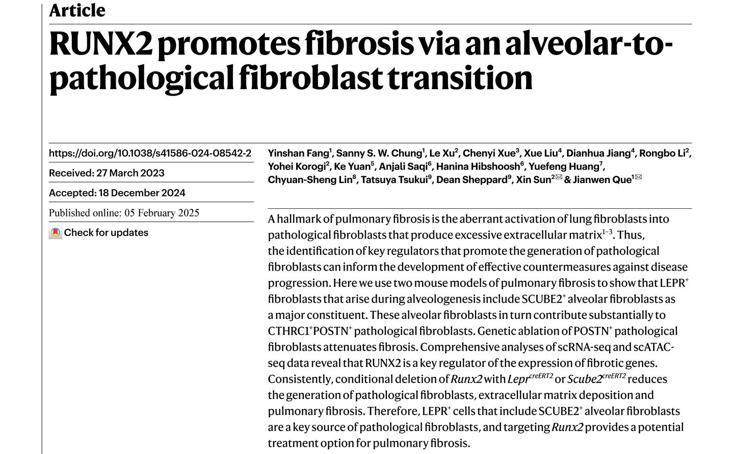 文献分享 | Nature：RUNX2通过肺泡-to-病理性成纤维细胞转化促进纤维化 - 知乎