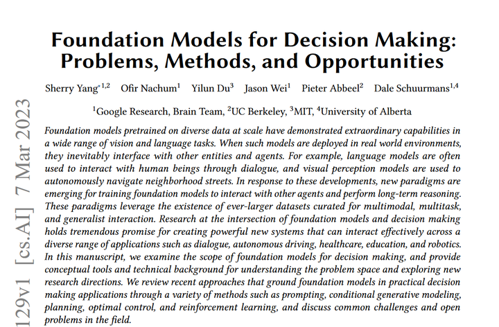 Foundation Models for Decision Making: Problems, Methods, and Opportunities - 知乎