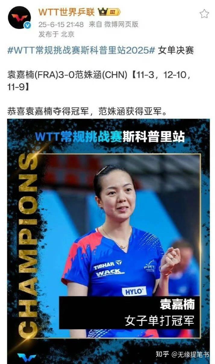 WTT又出丑闻！女单决赛都还没结束，WTT就祝袁嘉楠夺冠 - 知乎