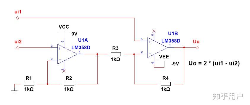 怎么用用两个集成运算放大器设计一个电路要求U0=2(ui1-ui2)？ - 知乎