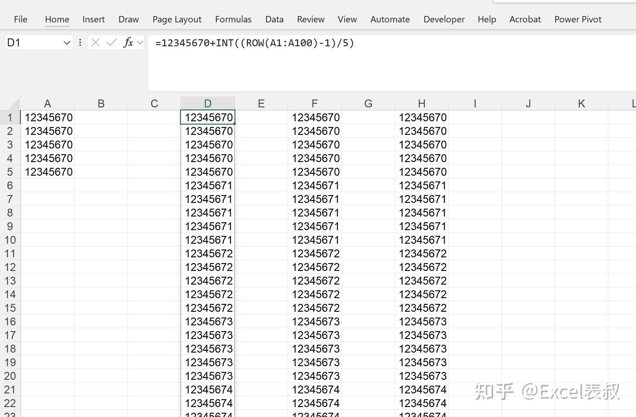 表格怎么实现一串数字每5个为一组，往下递增1？ - 知乎