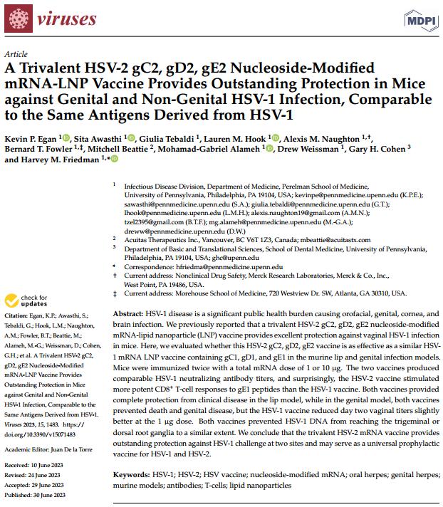 【文献翻译】三价HSV-2 gC2、gD2、gE2核苷修饰的 mRNA-LNP疫苗可为小鼠提供针对生殖器和非生殖器 HSV-1感染的出色保护，与源自HSV-1的相同抗原相当 - 知乎