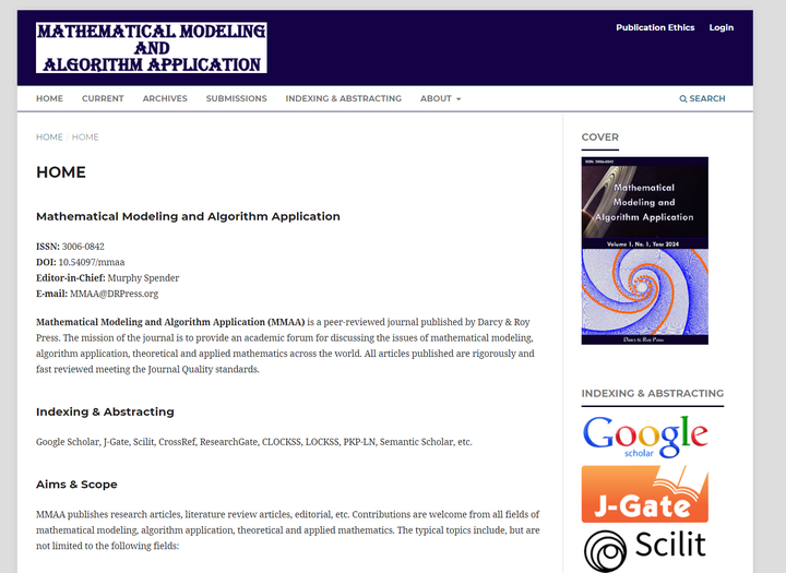 Mathematical Modeling and Algorithm Application (MMAA) ISSN: 3006-2020 eISSN: 3006-0842 - 知乎