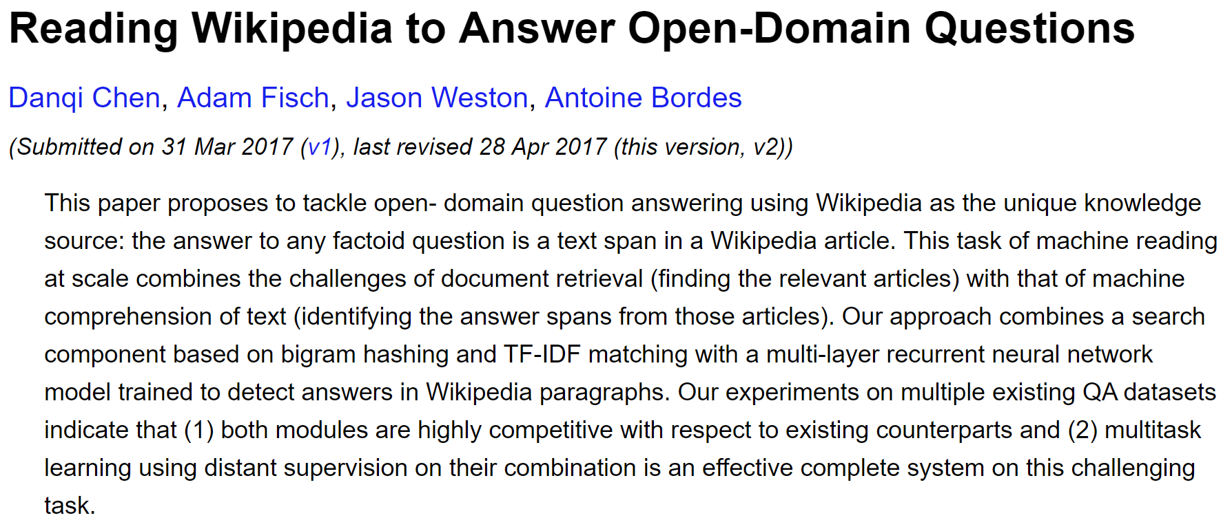Reading Wiki to answer Open-Domain Questions 笔记 - 知乎