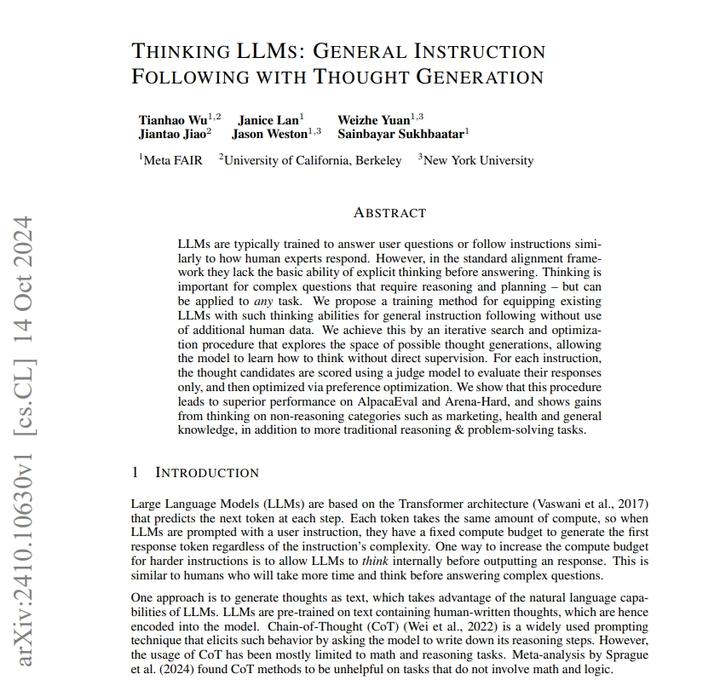 Thinking LLMs: General Instruction Following with Thought Generation - 知乎