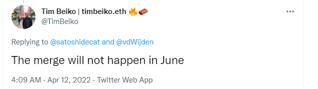 2022年04月12日， ETH 核心开发人员Tim Beiko确认合并不会在六月份发生，以及相关信息解读 - 知乎