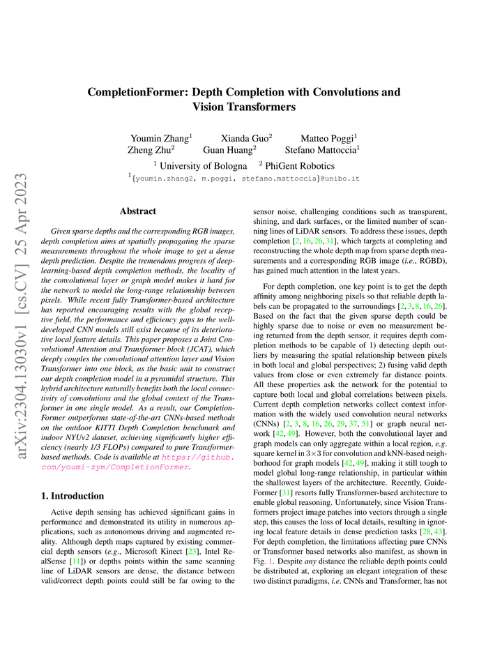CompletionFormer: Depth Completion with Convolutions and Vision Transformers - 知乎