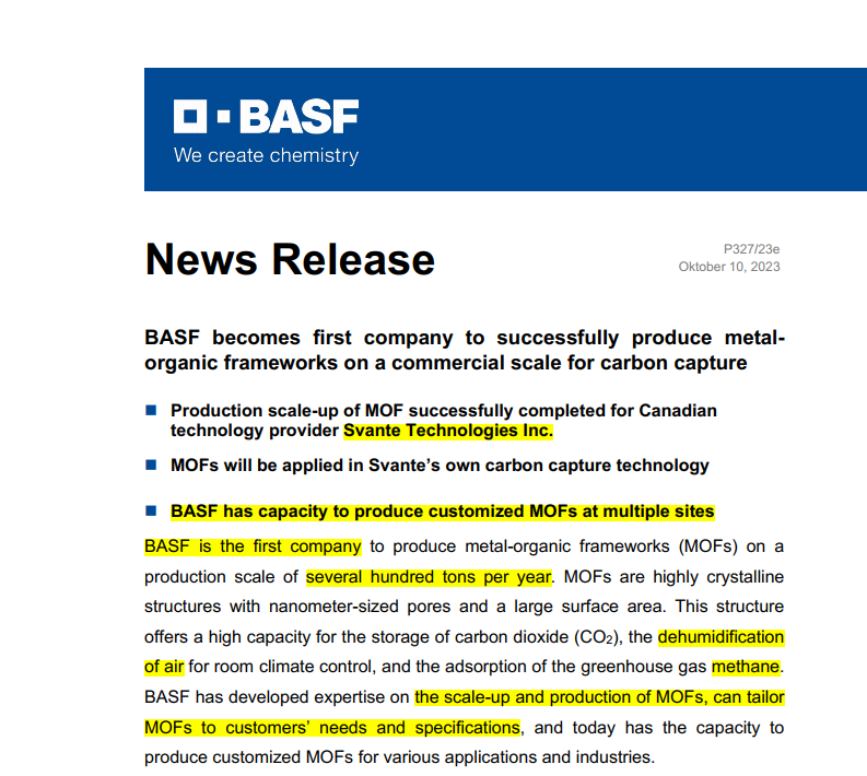 20231010-BASF实现全球首例年产百吨级MOF材料生产 - 知乎