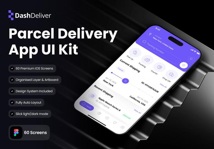 60屏双配色快递物流送货配送应用程序app ui界面设计figma模板套件DashDeliver - Parcel Delivery App UI Kit - 知乎
