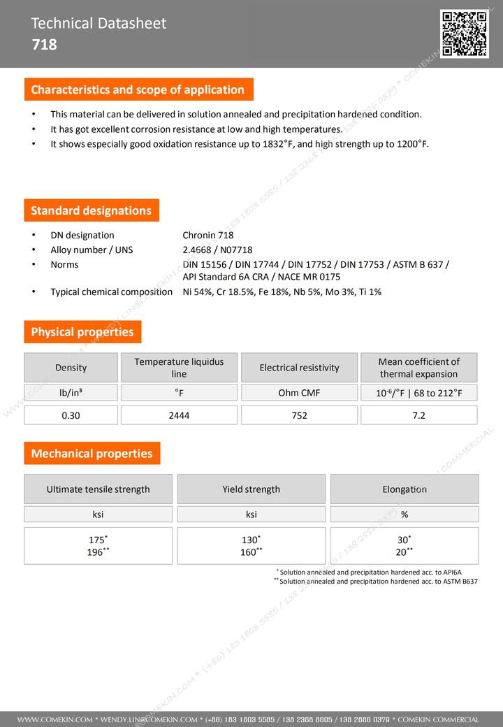 Chronin 718 / UNS 2.4668 / N07718 / DIN 15156 / DIN 17744 / DIN 17752 / DIN 17753 / ASTM B 637 - 知乎