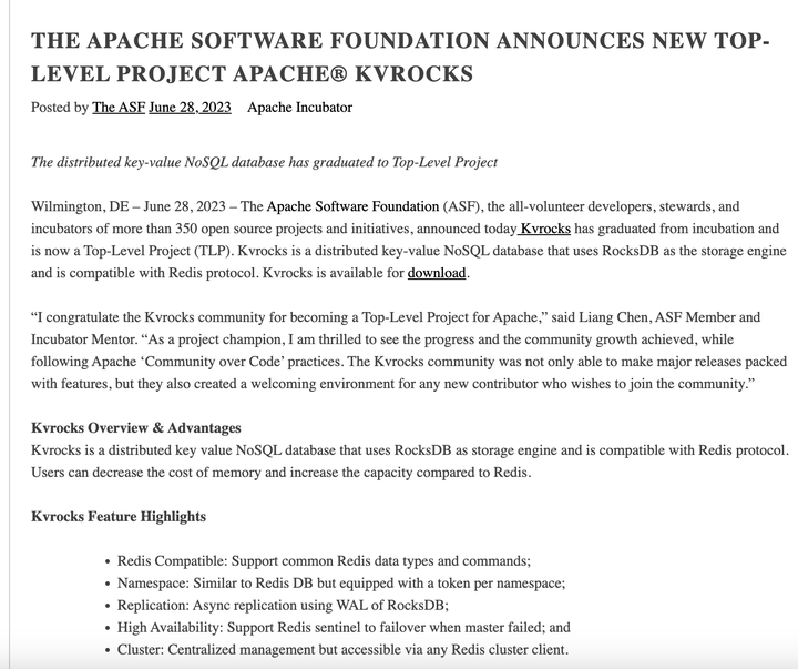 恭喜 Kvrocks 正式成为 Apache 顶级项目 - 知乎
