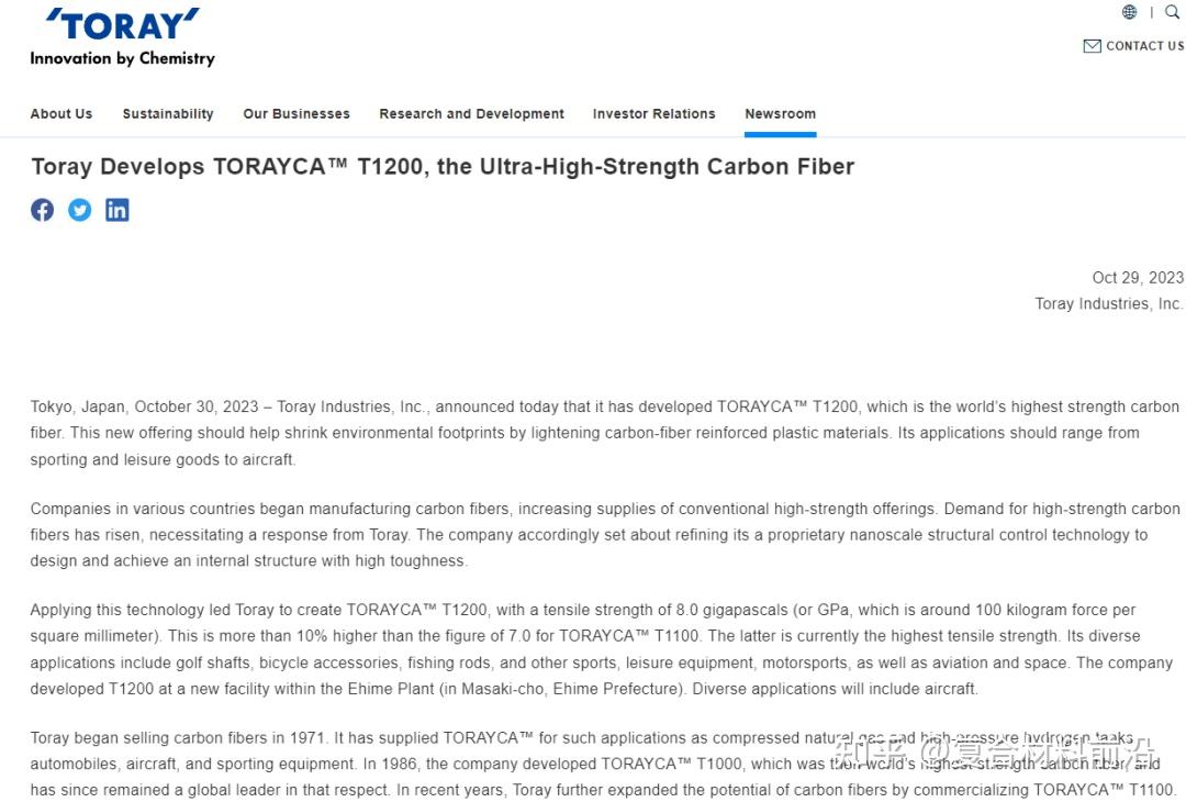 【行业分析】东丽新推出新一代超高强度碳纤维T1200，透漏出了哪些关键信息？ - 知乎