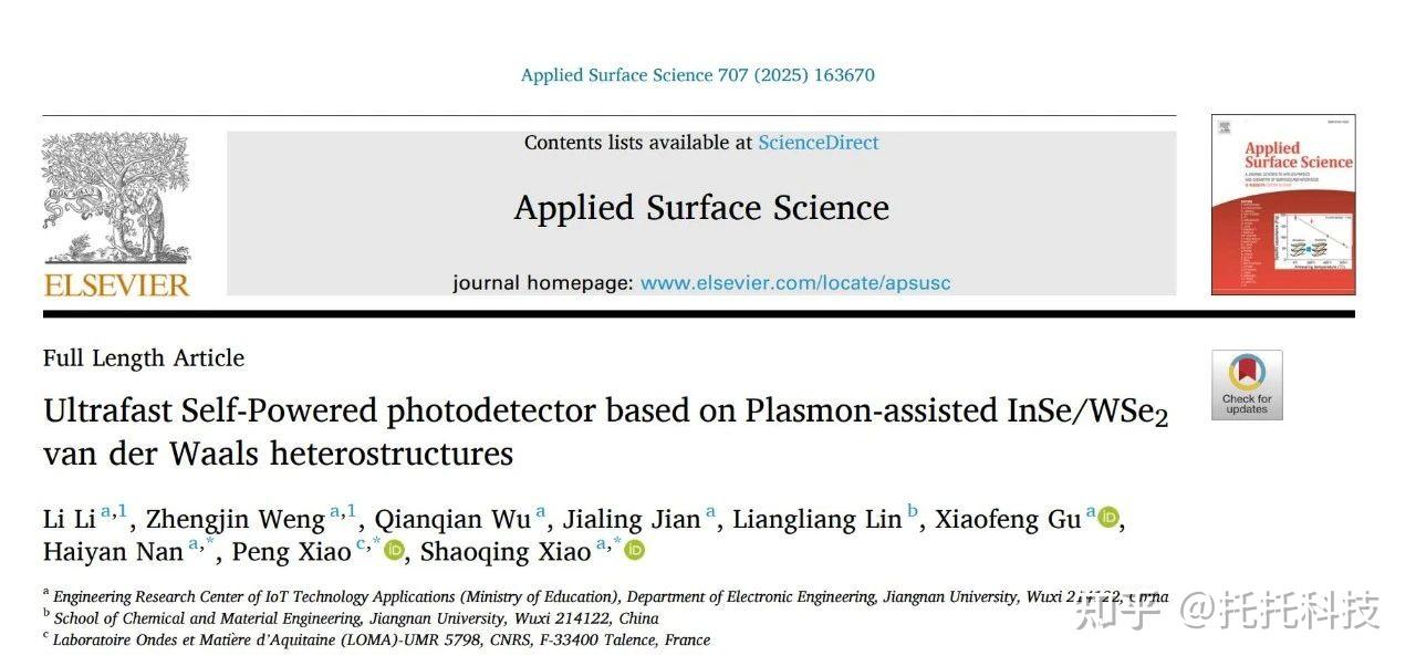 江南大学《Appl. Surf. Sci.》基于等离激元辅助的InSe / WSe2范德瓦尔斯异质结的超快自供能光电探测器 - 知乎